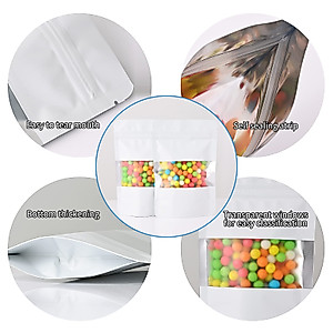 100 Pieces Smell Proof Mylar Bags, Resealable Food Storage Bags with Clear Window, Foil Pouch Stand-up Bags for Food Self Sealing Storage Supplies (White, 4 x 6 Inch)