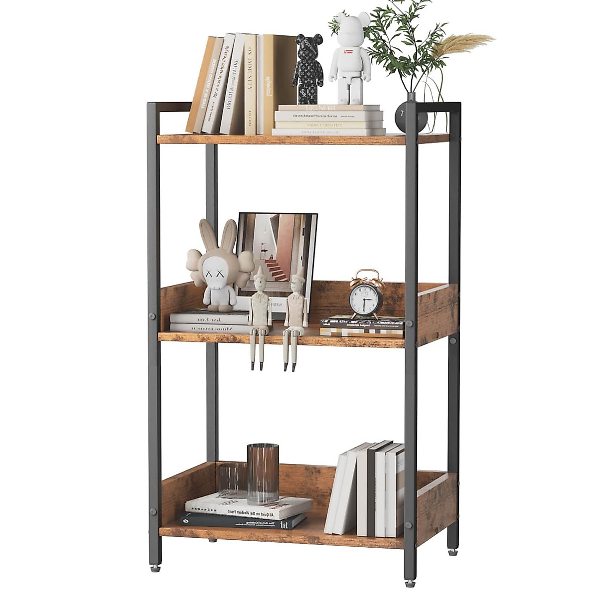YSVCO Bookshelf, 3 Tier Industrial Small Book Shelf, Small Storage Bookcase with Organizer, Freestanding Open Shelf for Small Spaces, Bedroom, Living Room, Retro Brown BS70FB