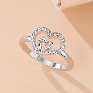 Gold Double Heart Ring for Women Delicate 14K Gold Plated Heart in Heart Wedding Jewelry Promise Love Ring for Her Gift (925 Silver - Silver, 7)