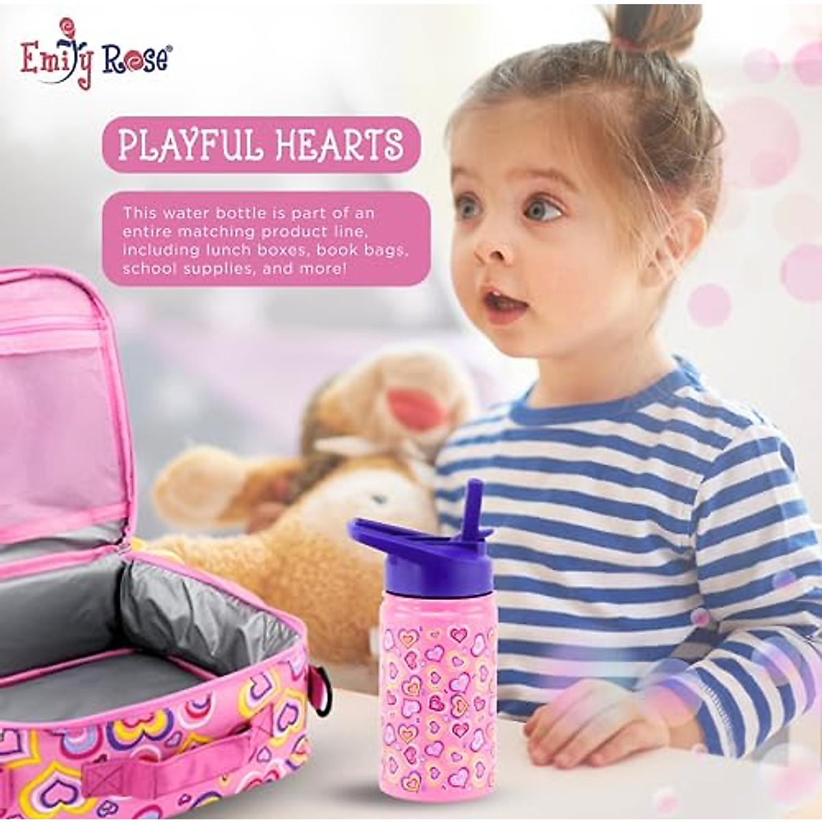 Emily Rose Kids Water Bottle | 12 Ounce Insulated Water Bottle for Kids | BPA Free Stainless Steel Bottle for Travel and School | Leak Proof Kids Water Bottle with 2 Straws (Playful Hearts Design)