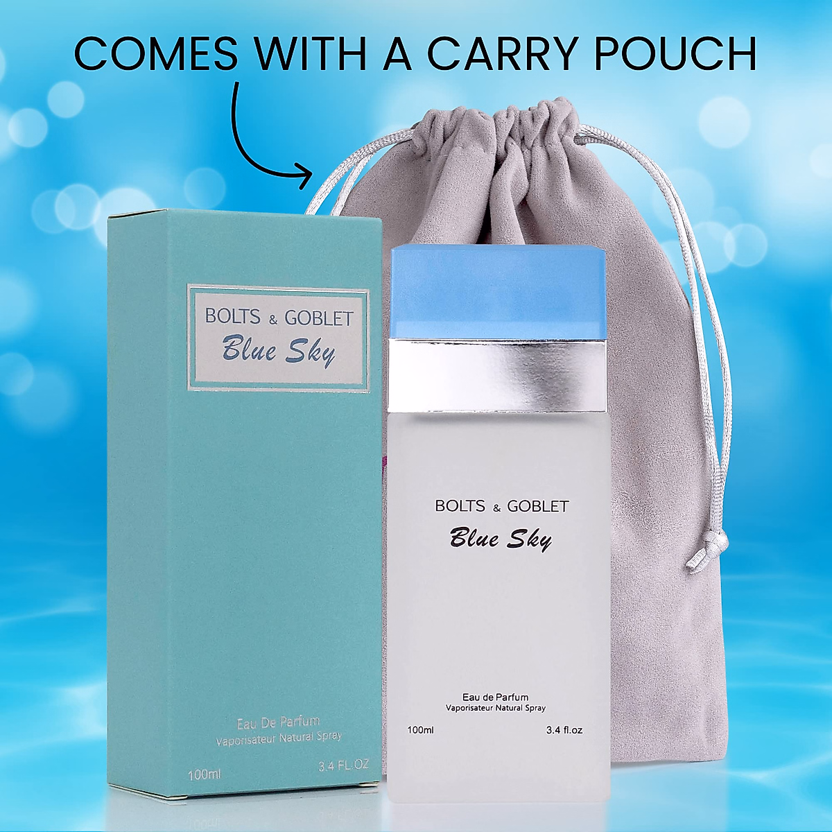 NovoGlow Blue Sky for Women - Aromatic Scents with finest oils for Men and Women - Enchanting Fragrance with Fruity, Floral Scent - 3.4oz Bottle Complete with Shiny Suede Pouch