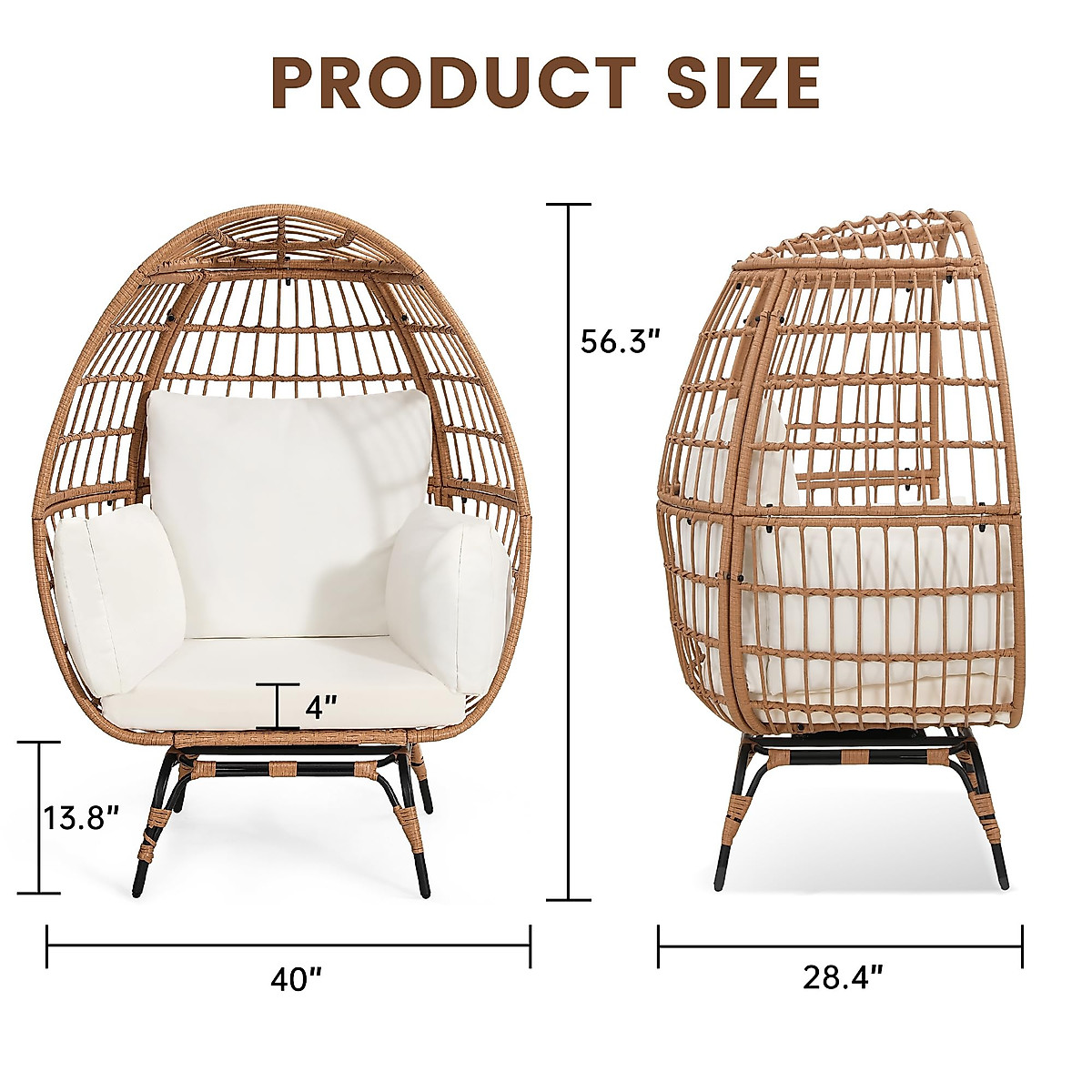 Murago Oversized 360 Swivel Rattan Egg Chair for Adult, Indoor Large Wicker Egg Chair, Outdoor Patio Rattan Egg Chair with overstuffed Cushions, Natural Rattan with Beige Cushion