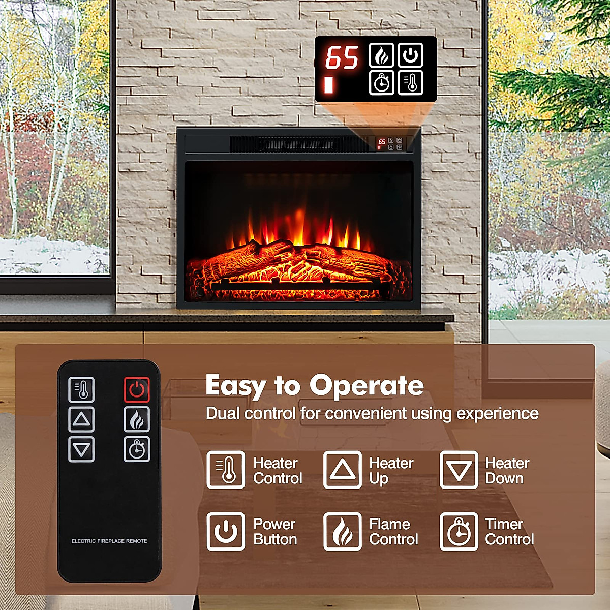 GOFLAME 23” Electric Fireplace Insert, Recessed Fireplace Heater with Remote Control & Touch Screen, Wall Mounted Electric Fireplace with Adjustable Flame Brightness and Timer, Overheating Protection