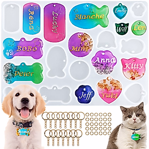 Pet Tag Resin Mold Silicone, Dog Tag Molds for Resin, Dog Bone Cat Shaped Keychain Silicone Resin Molds with 15Pcs Keychains DIY Crafts Making Tag Charm Pendant