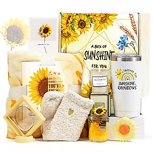 Sending Sunshine Gift, 9 Pcs Sunflower Gifts for Women, Get Well Soon Gifts Basket Care Package Birthday Gifts Box Thinking of You Gift for Women with Inspirational Blanket Candle for Mom, Sister, Her