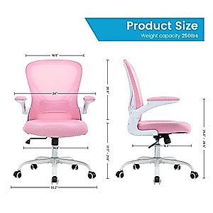 Hramk Office Chair Mid Back Swivel Desk Chair with Flip-up Arms, Breathable Mesh Computer Chair, Lumbar Support Task Chair with Wheels, Height Adjustable (Pink)
