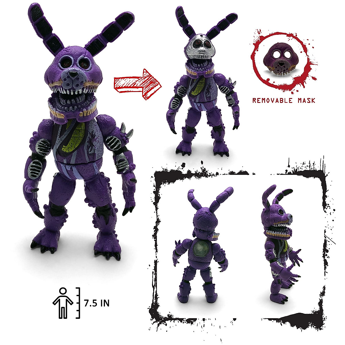 Toysvill Inspired by Five Nights at Freddy Game Action Figures Toys (FNAF) Toy, Set 6 pcs, Height 6in [Nightmare Foxy, Freddy, Bonnie, Fazbear, Chica and Human Security] with Masks