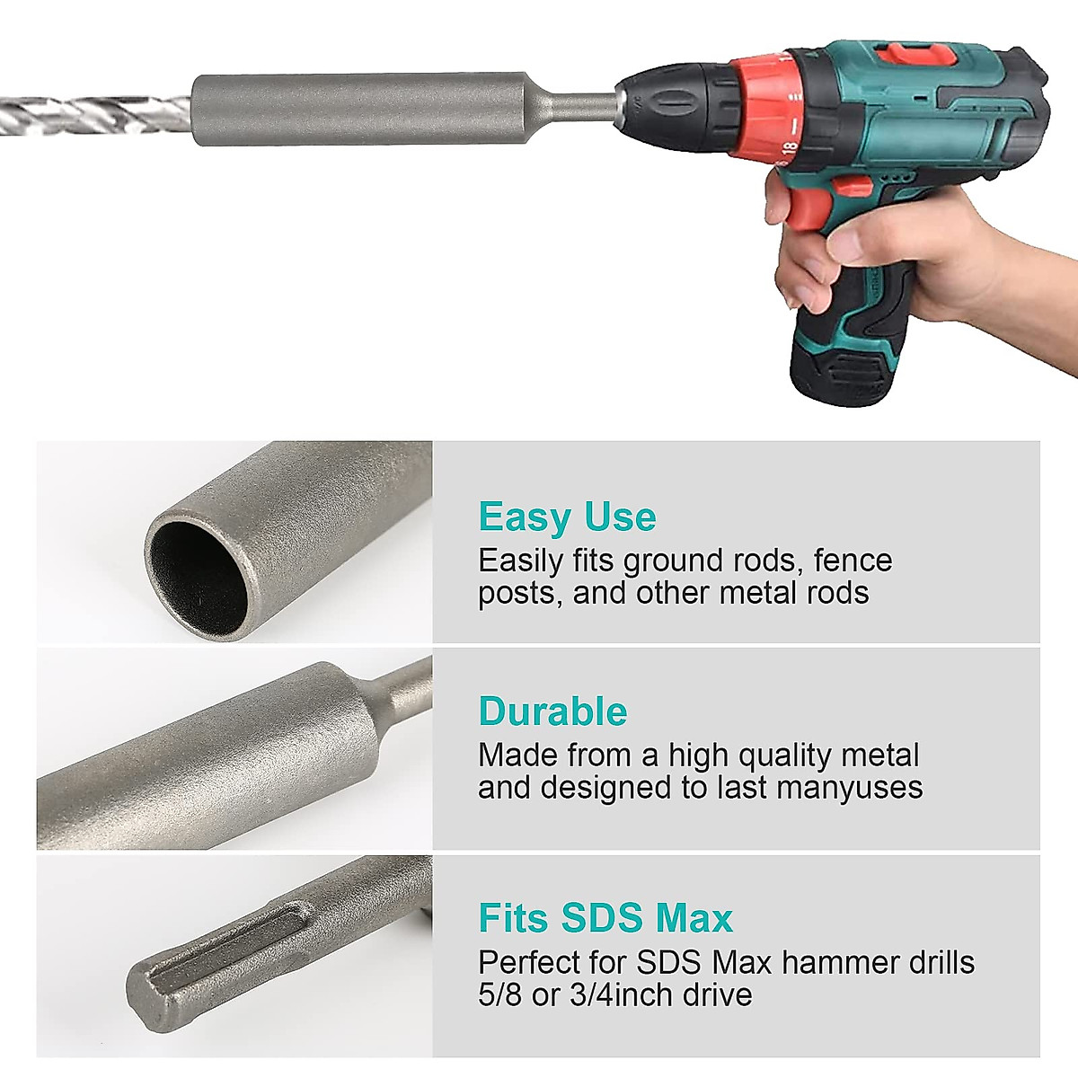 AQQHSAIN SDS Plus Ground Rod Driver Bit for 5/8 Inch and 3/4 Inch Ground Rods Work with Rotary Hammer Drills Great for All SDS Plus Hammer Drills