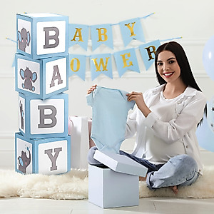 Epakh 4 Pcs Elephant Baby Boxes for Baby Shower Decoration with 4 Pcs Baby Shower Party Boxes Elephant Printed Baby Blocks for Baby Boy Shower, Happy Birthday Decorations, Gender Reveal Party(Blue)