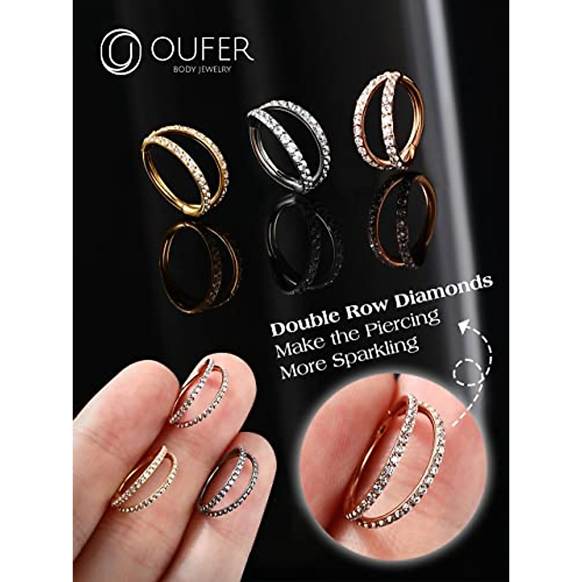 OUFER Conch Piercing Jewelry, 16G Conch Hoop Earrings, Stainless Steel Lip Ring Hoops, with Double Row Diamonds Helix Lobe Piercing Jewelry for Women Men-16G 12MM