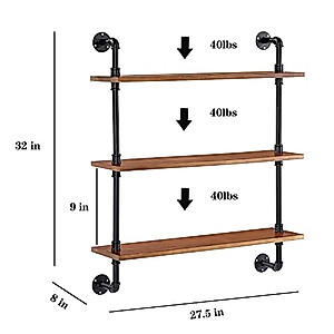 Phaxth Industrial Pipe Shelving, 3 Tiered Wall Mounted Pipe Wood Shelves, 27" W