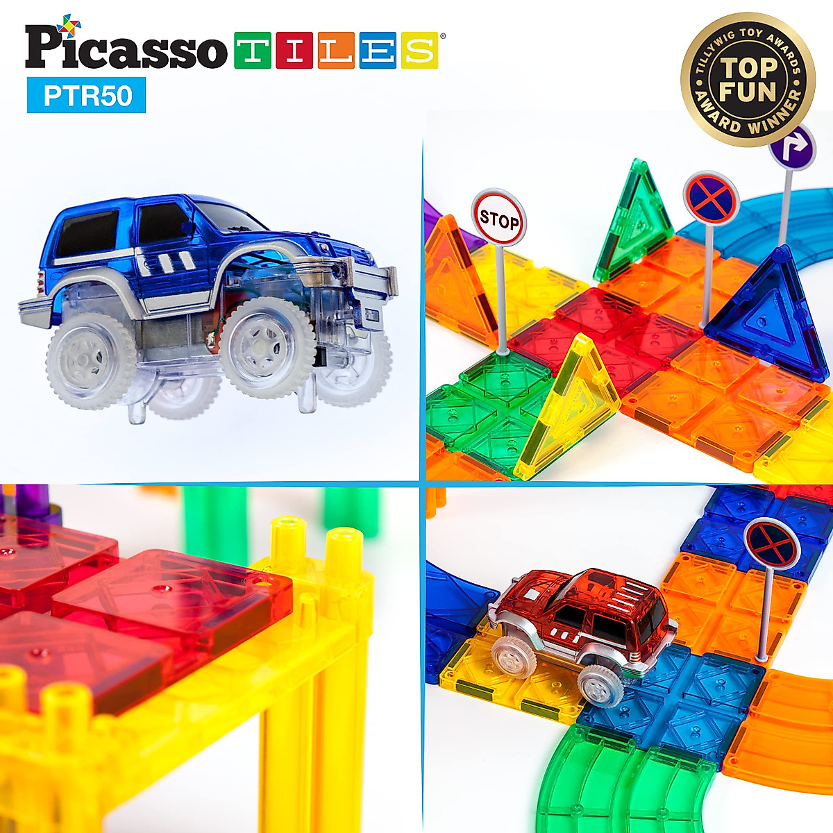 PicassoTiles 50 Piece Race Car Track + Ideabook with Over 150+ Ideas, Magnet DIY Playset 2 Light Up Car STEM Learning Kit Hand-Eye Coordination Fine Motor Skill Training, Unique Innovative Creations