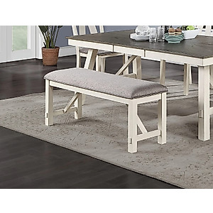 Dining Room Furniture 6pc Dining Set Table w Leaf and 4X Side Chairs 1x Bench Gray Fabric Cushion Seat White Clean Lines Wooden Table Top