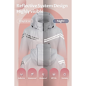 CREATMO US Women's Cycling Windbreaker Jacket, Waterproof Running Workout Rain Jackets, Packable Reflective Hiking Hoodie Grey 2XL