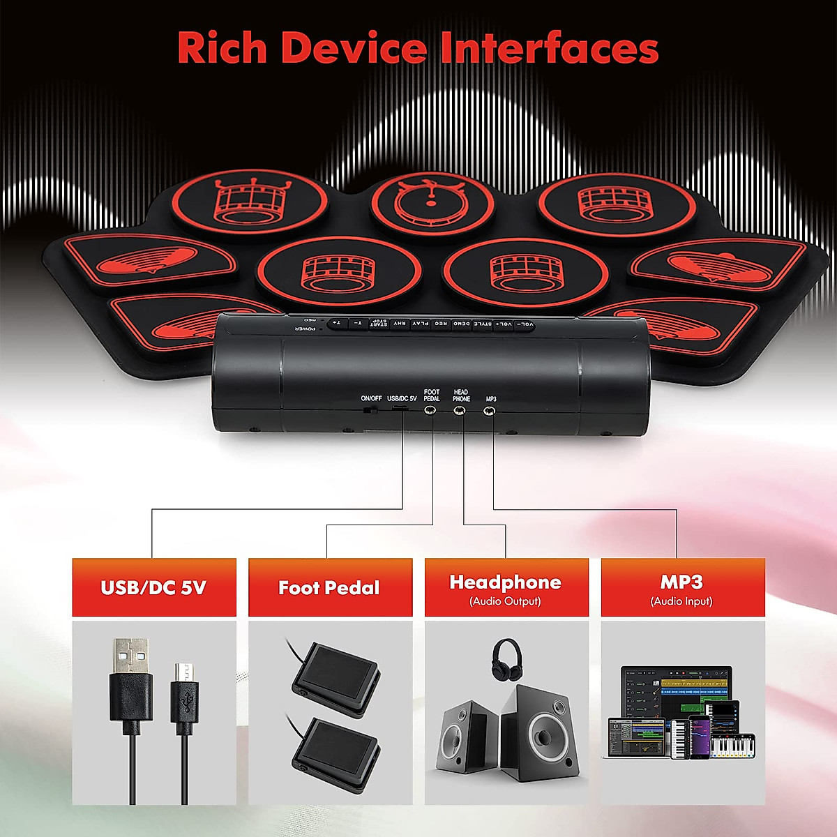 Costzon Electronic Drum Set, 9-Pad Digital Drum Kit w/ 2 Stereo Speakers, Drum Sticks, Foot Pedals, USB & Audio Cable, Headphone Jack, Portable Roll-up Drum Pad, Ideal Gift for Kids Adults (Red)