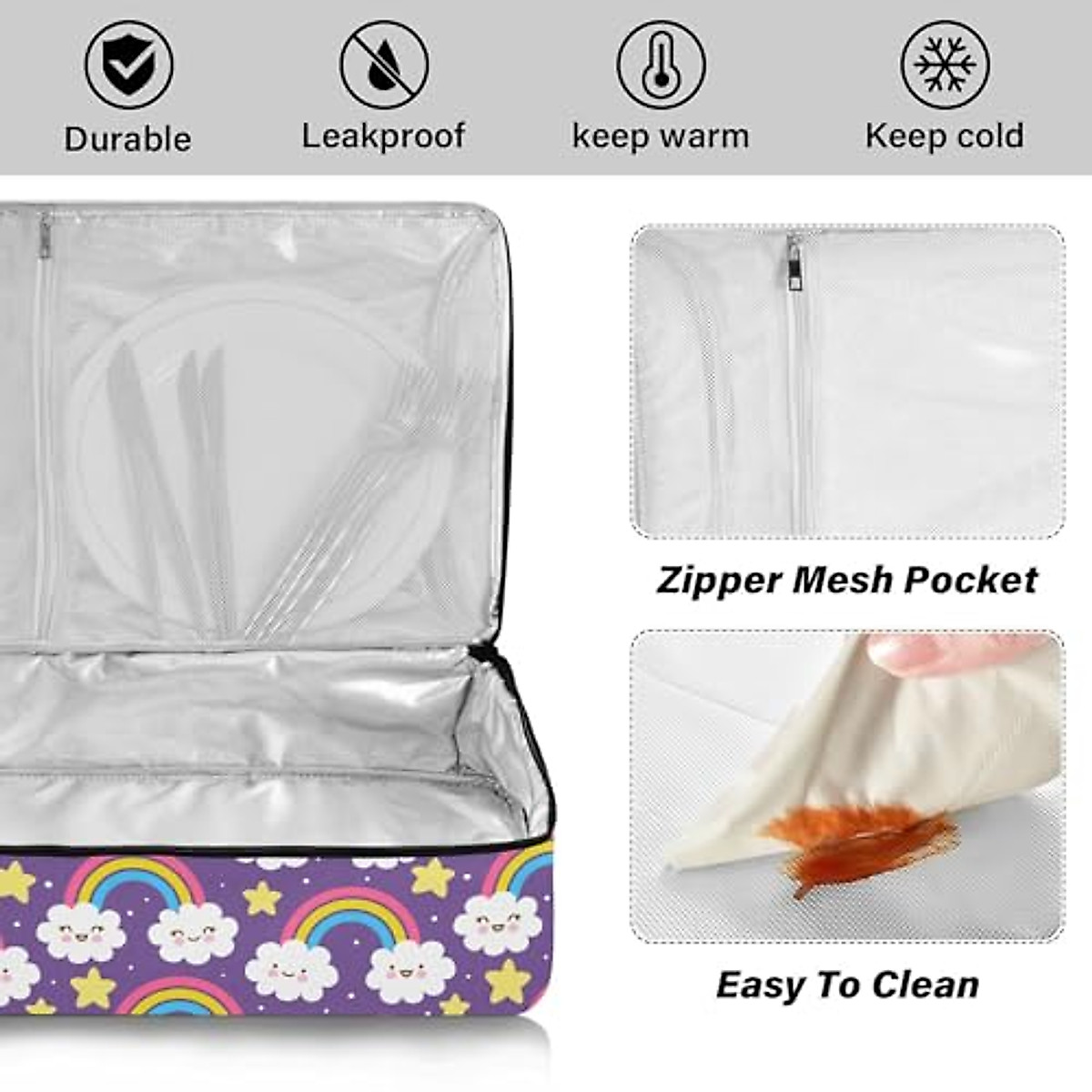 Kcldeci Insulated Thermal Food Carrier Insulated Casserole Carrier for Hot or Cold Food,Cute Cartoon Clouds Rainbows and Stars Insulated Tote Bag for Potluck Cookouts Parties Picnic,Lasagna Lugger