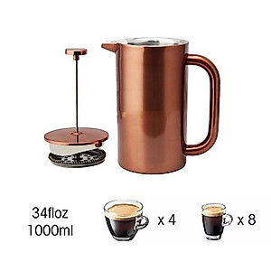 Highwin 8-Cup Double Wall Insulated Stainless Steel French Coffee Press, 32-Ounce Durable Coffee Tea Maker with Stainless Steel Plunger, Copper