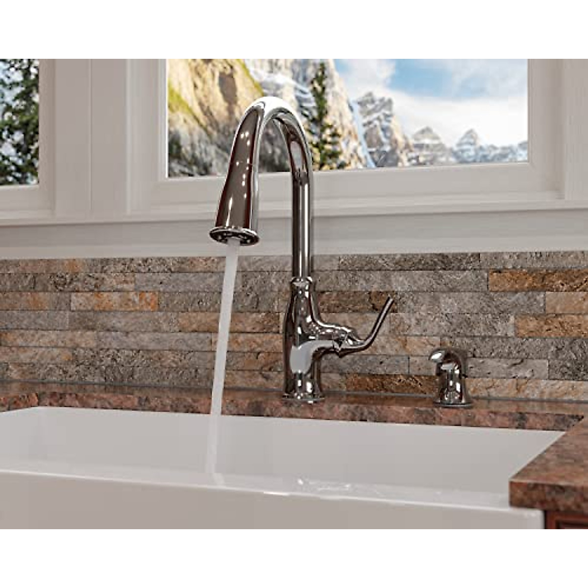 Pfister Rosslyn Kitchen Faucet with Pull Down Sprayer and Soap Dispenser, Single Handle, High Arc, Polished Chrome Finish, F5297RSSRC