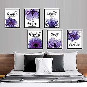 FWK Purple Elegant Tulip Inspirational Quotes Wall Decor Bathroom Wall Art Painting Spa Bathroom Woman Girl Bedroom Living Room Art Prints Set of 6 (8”X10” Canvas Picture) Home Decor Unframed