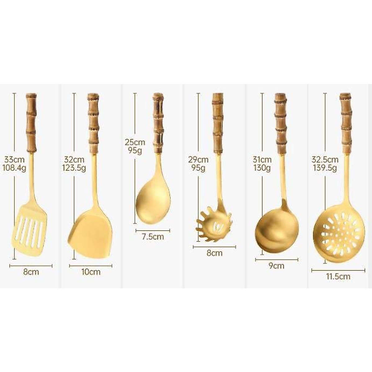 Bamboo Stainless Steel Cooking Tools Utensils Stainless - Brass/Gold Cooking and Serving Utensils - Gold Kitchen Utensils - Bamboo Wood Handled Gold Kitchen Utensils For Gold Kitchen