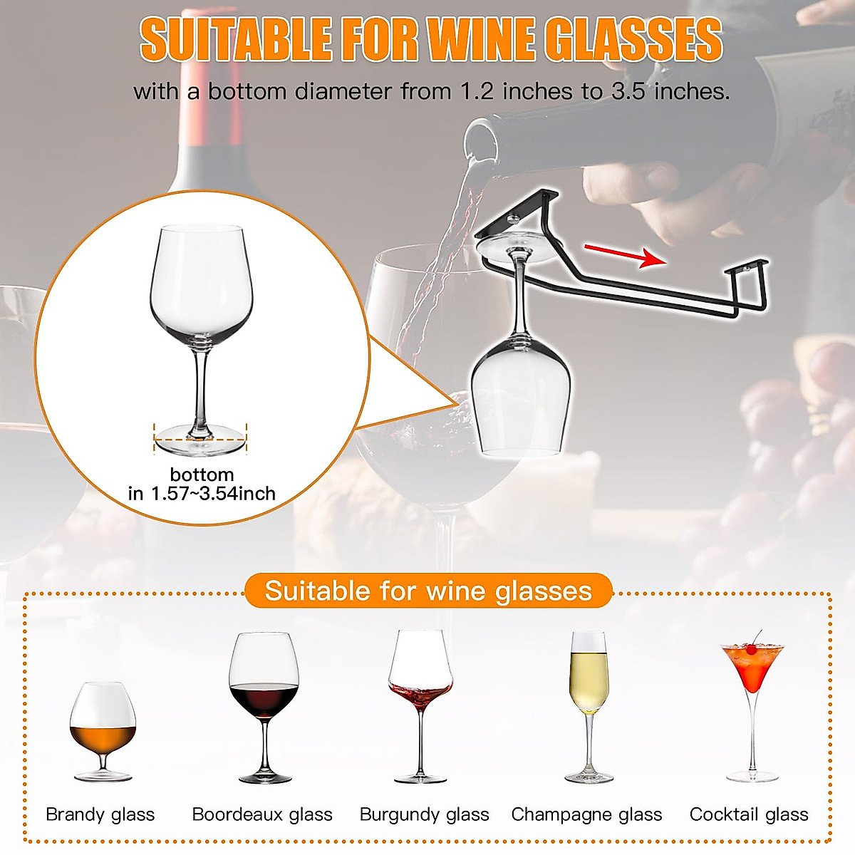 Yimerlen 10.8 Inch Black Wine Glass Rack, Under Cabinet Wine Glass Holder, Metal Stemware Rack Hanger for Kitchen Storage (4 Pack)