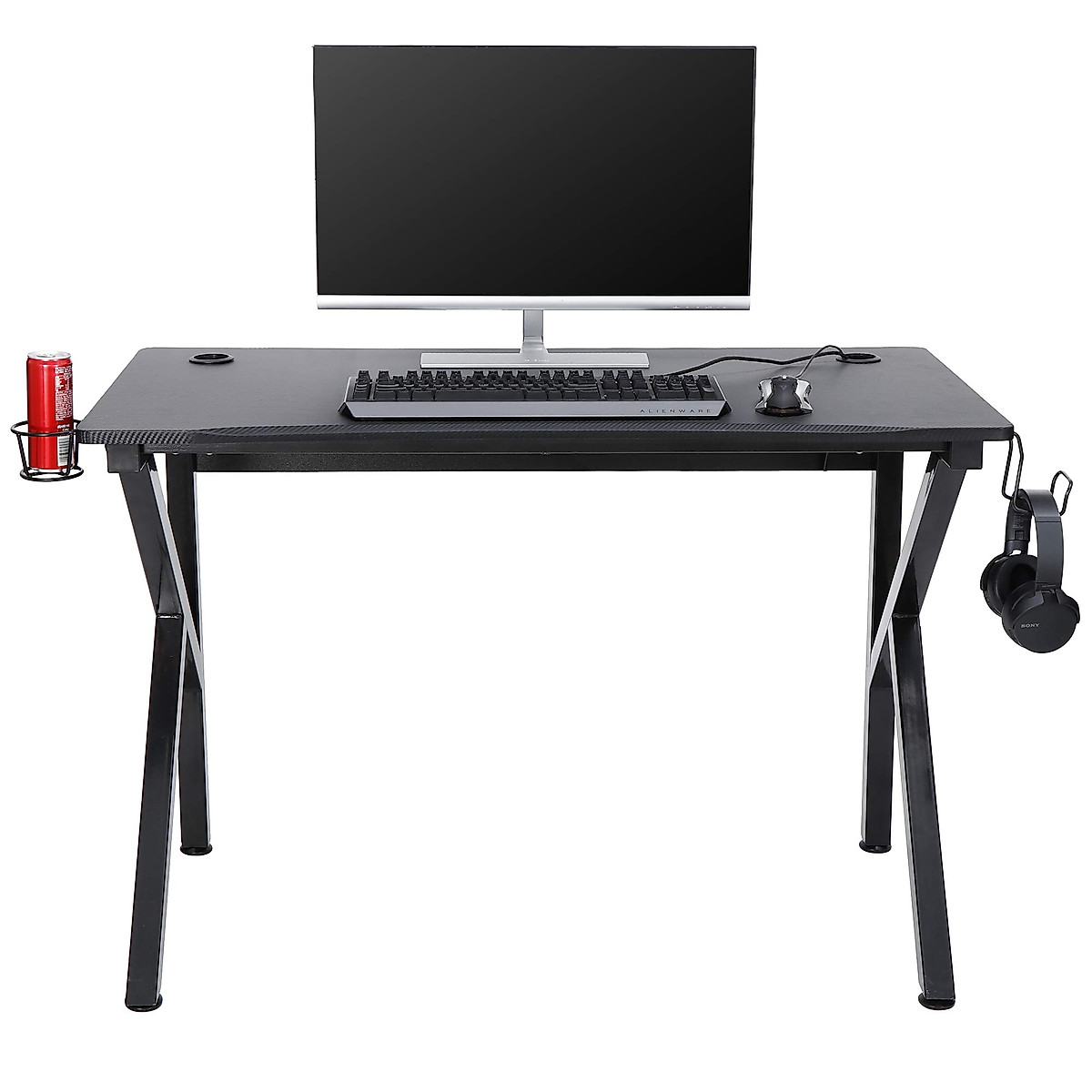 SUPER DEAL Gaming Desk 45" W x 23" D x 30" H Home Office Computer Desk w/Power Outlet, Free Red and Blue Stickers, Cup Holder, Headphone Hook, Black
