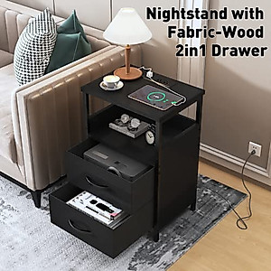 KHLJJU End Table with Charging Station, Nightstand with Fabric Drawer, Small Side Table for Small Spaces, Black Bedside Tables with USB Ports and Outlets for Living Room, Bedroom, Office
