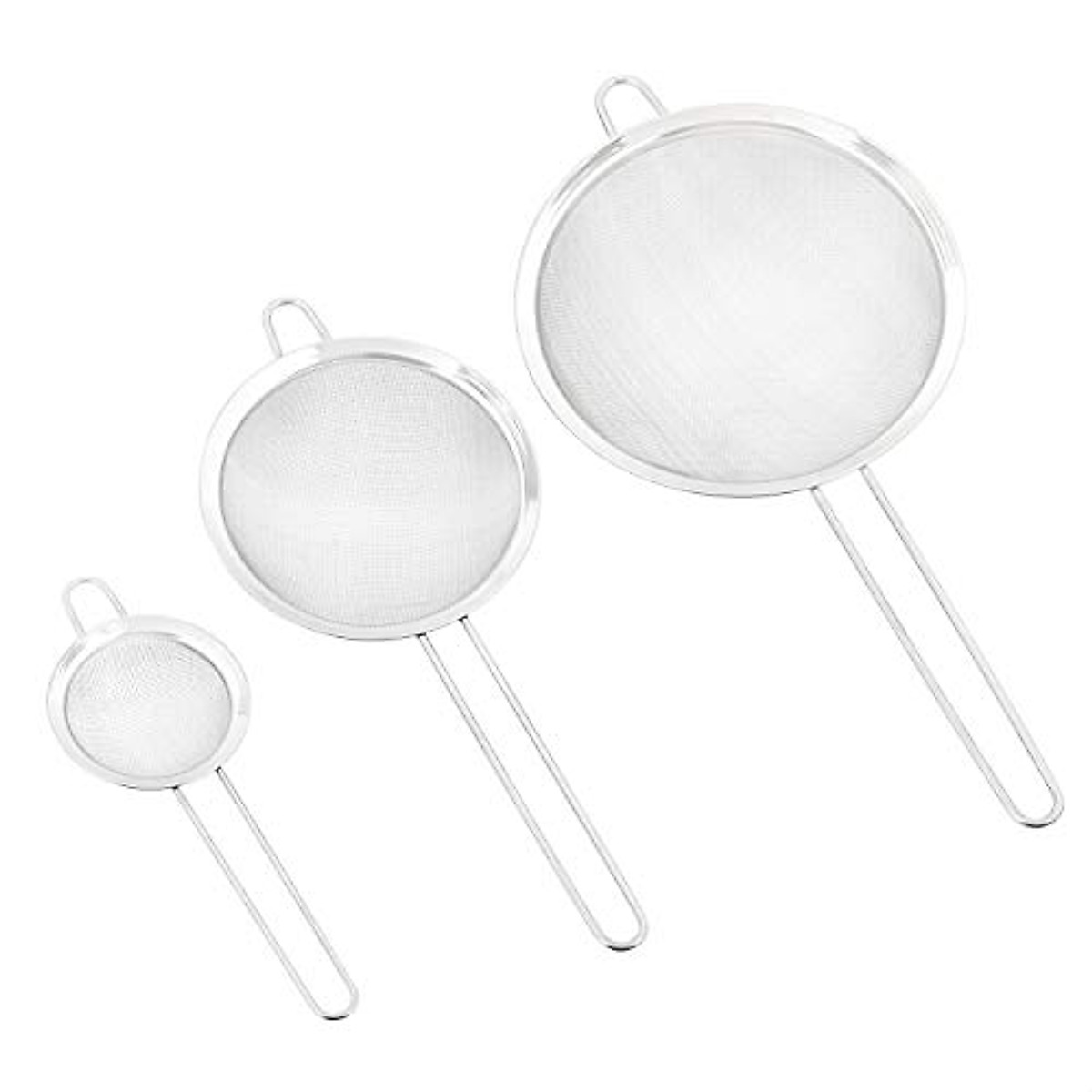 AmazonCommercial Stainless Steel 3-Piece Strainer Set, Set Contains 3.3", 5.5", and 7.75" Strainers, Pack of 3