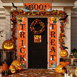 Chuangdi 4 Pcs Halloween Door Decorations Outdoor Trick Or Treat Halloween Banners for Porch Hanging Sign Indoor with Pumpkin Bat Skull Cat Spider Pattern for Gate Garden Home Party (Orange)