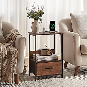 Somdot Night Stand with Charging Station and LED Light for Bedroom, Bedside Table End Table for Dorm Bedside Laundry Closet Entryway Hallway, Wood Grain Print