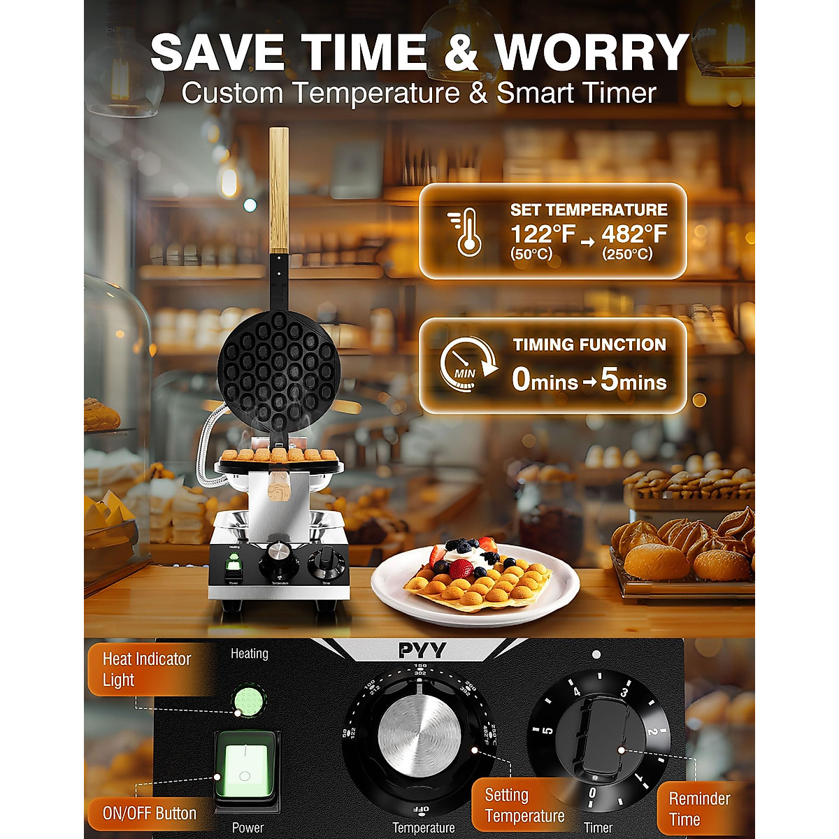 PYY Bubble Waffle Maker - Commercial Egg Puff Waffle Iron Machine, 1500W 122-482℉ Electric Stainless Steel Hong Kong, 30 Egg Cones | 180° Rotating| Black Non-stick Coating | Crumb Tray | Wooden Handle