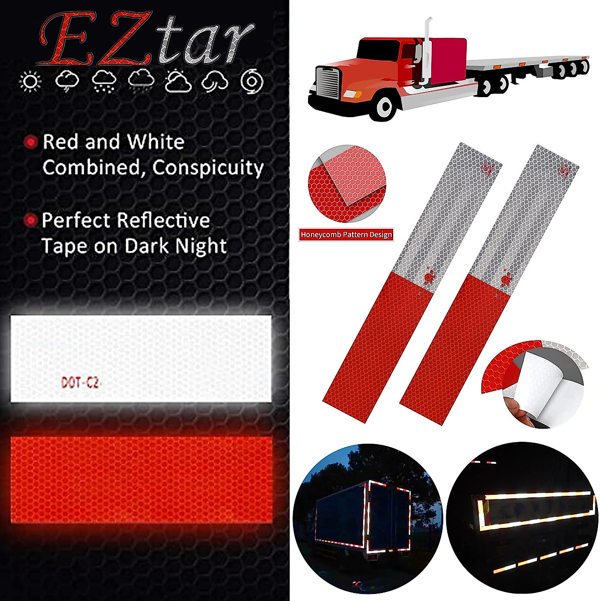EZtar DOT-C2 Reflective Safety Tape 2 Inch x 150 Feet Red/White High Intensity Self Adhesive Waterproof Reflector Conspicuity Tape for Vehicles,Trailers,Boats,Signs