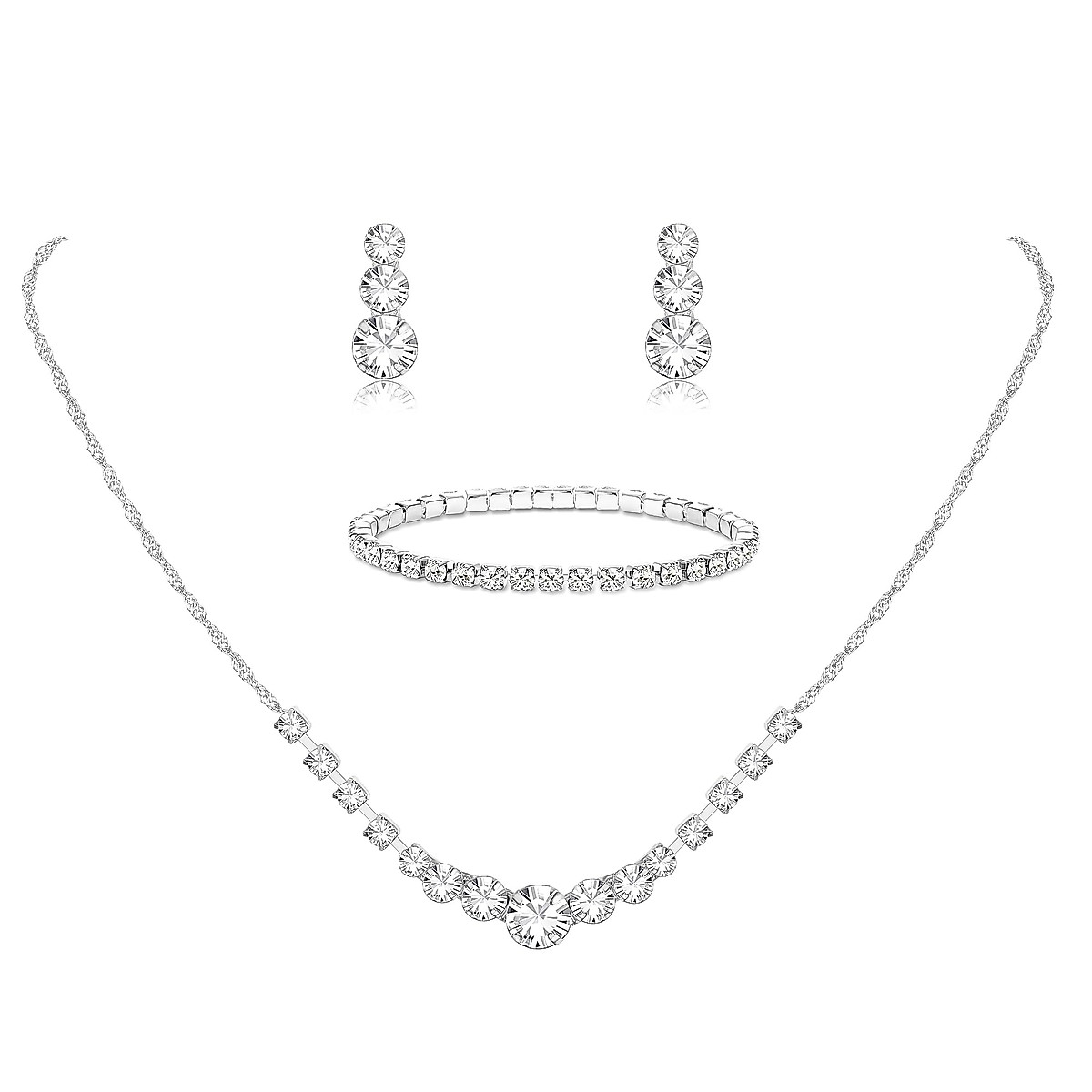 Jstyle Silver Bridal Jewelry Set Rhinestone Necklace Bracelet Dangle Earrings for Bride Bridesmaid Teardrop Pendant Crystal Wedding Prom Jewelry Accessories for Women 1