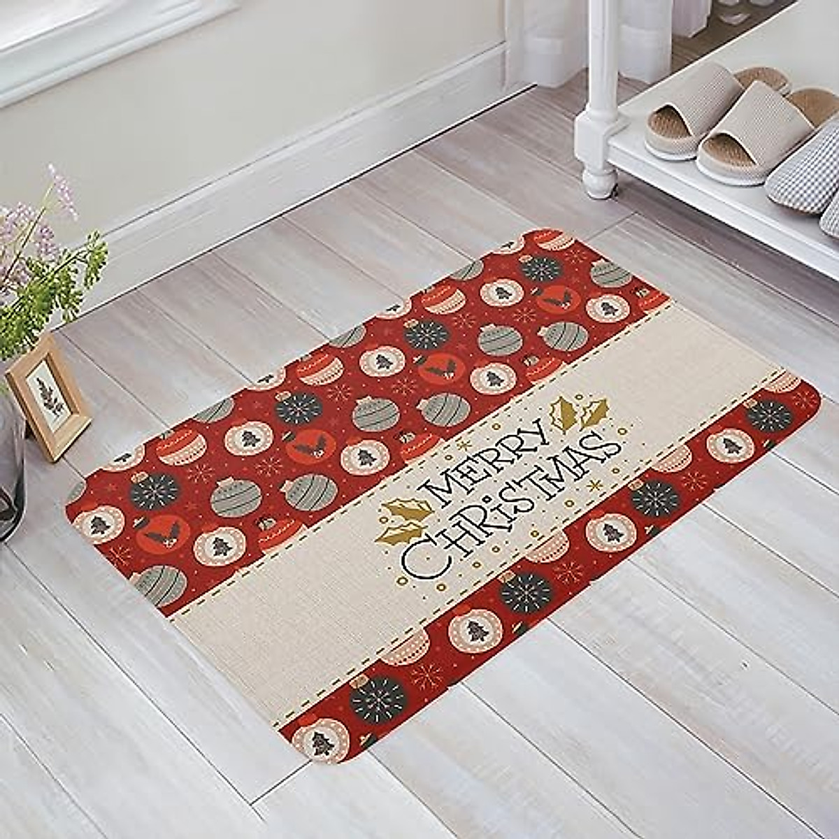 Door Mat Merry Christmas Memory Foam Cushioned Kitchen Rug, 16x24 Inch Water Absorbent Soft Touch Standing Mat for Bathroom, Office, Sink, Laundry, Home Red Grey Xmas Balls Snowflakes Tiled