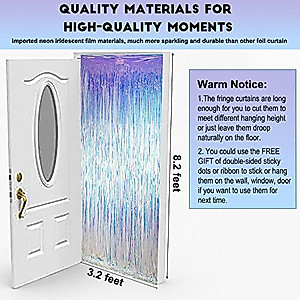 Sharonlily 2 pcs Gorgeous Iridescent Fringe Curtains, 3.2X 8.2 Feet, Transparent Holographic Tinsel Backdrop Streamers, Sturdy Metallic Foil Door Curtain for Birthday Bachelorette Party Decorations