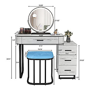 LVSOMT Vanity Desk with 3-Color Touch Screen Lighted Mirror, Makeup Vanity Table Set with Lights & Charging Station, 4 Drawers, Dressing Table with Stool for Women Girls (Wood-White)