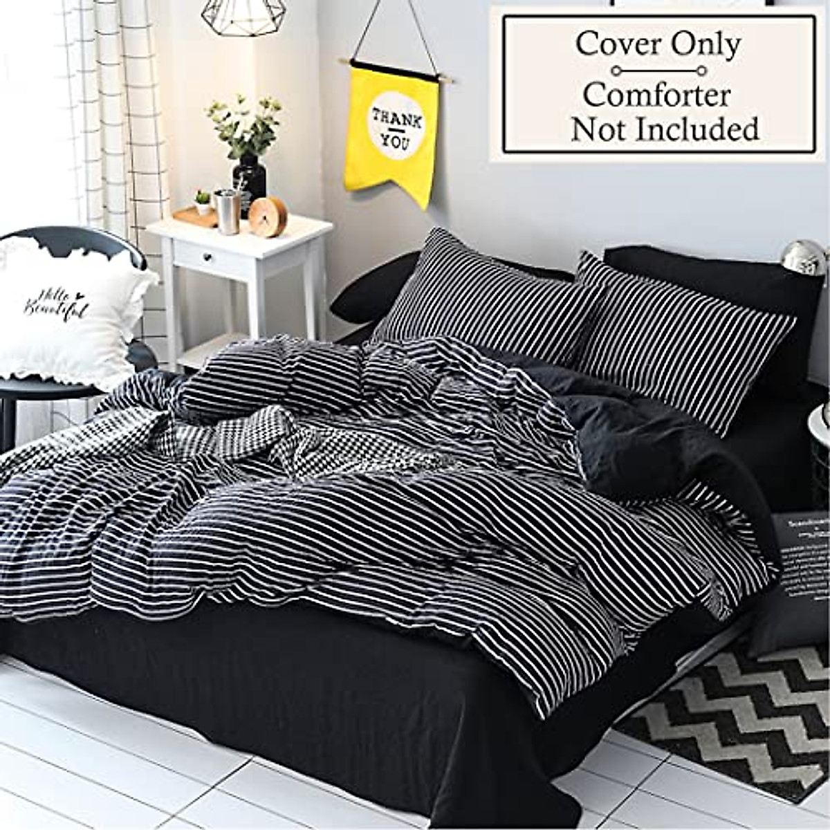 LAMEJOR Duvet Cover Sets Queen Size Striped Pattern Reversible Luxury Soft Bedding Set Comforter Cover (1 Duvet Cover+2 Pillowcases) Black/White