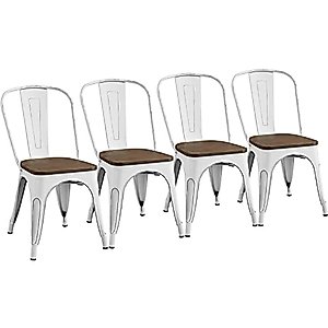 Yaheetech Set of 4 Metal Dining Chairs with Wood Seat Metal Side Chairs Kitchen Chairs with Back Bistro Café Trattoria Kitchen, Distressed White