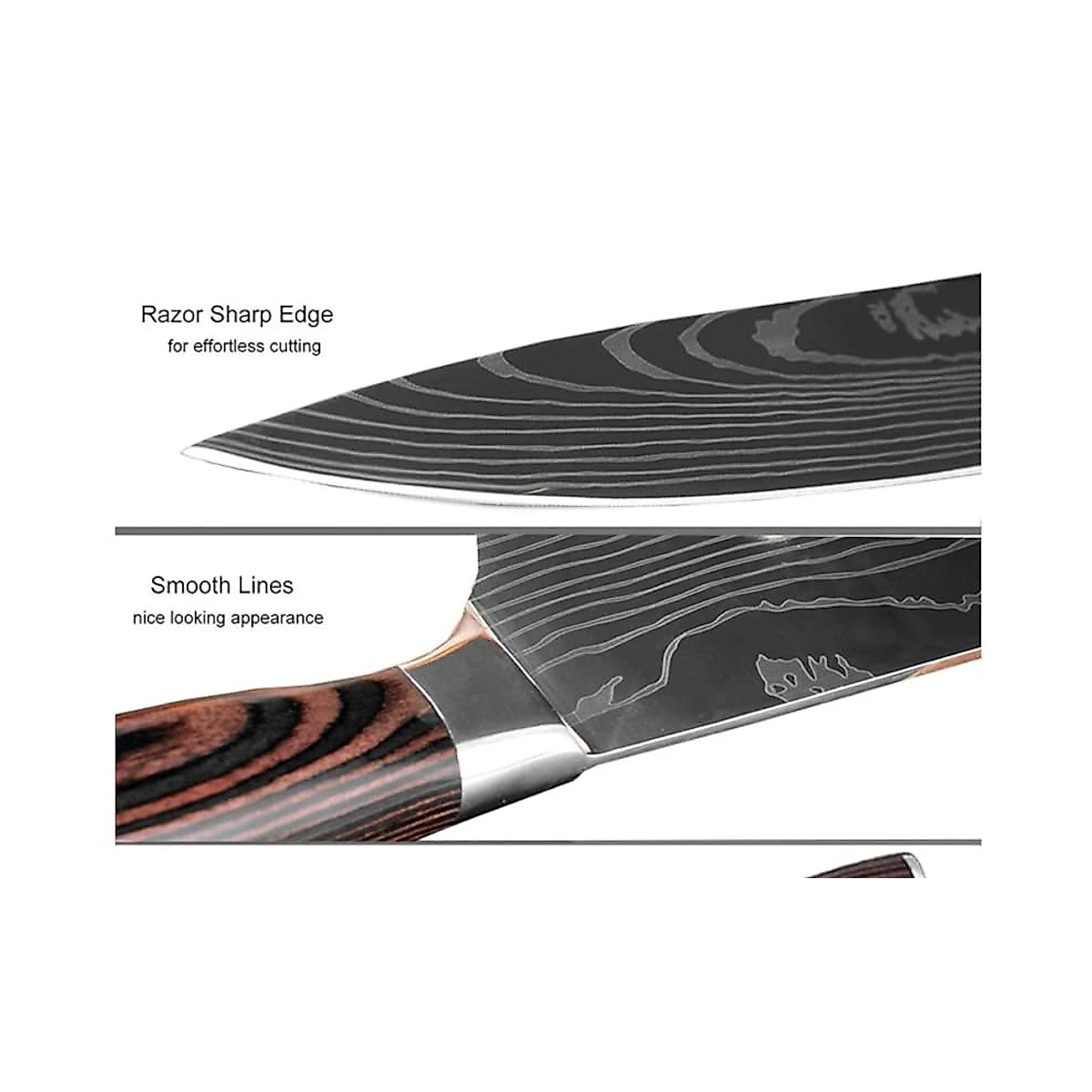 Damascus Kitchen Knives Set of 5 – Razor-Sharp Steel, Laser-Cut Damascus Pattern, Includes Chef Knife, Santoku, Nakari & Paring Knife for Precision Cutting in Home or Professional Kitchens