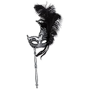 Beistle Plastic Costume Masquerade Mask on Stick With Feathers For Mardi Gras Party Supplies and Halloween Accessories