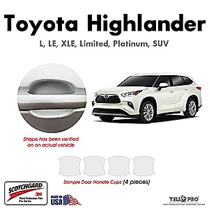 YelloPro Custom Fit Door Handle Cup 3M Scotchgard Anti Scratch Clear Bra Paint Protector Film Cover Self Healing PPF Guard Kit for 2020 2021 2022 Toyota Highlander L, LE, XLE, Limited, Platinum, SUV