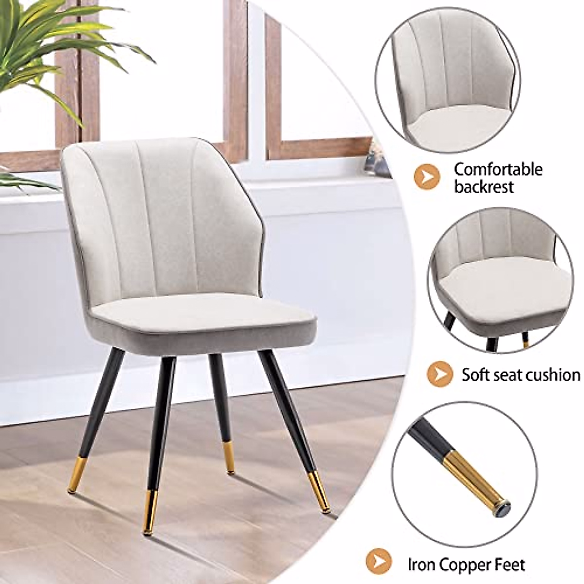 Andeworld Upholstered Dining Chairs Set of 2, Mid Century Modern Accent Chair, Faux Suede Armless Leisure Side Chair with Golden Metal Legs for Dining Living Room-Grey