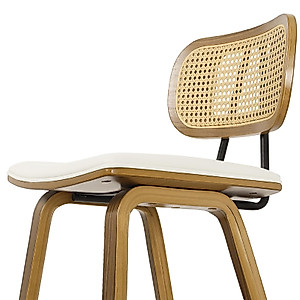 Counter Height Bar Stools Set of 2, Mid Century Modern Counter Stools, 26" Wood Kitchen Stool PU Leather Upholstered Barstool with Rattan Back, Counter Height Island Dining Bar Chair, Cream White