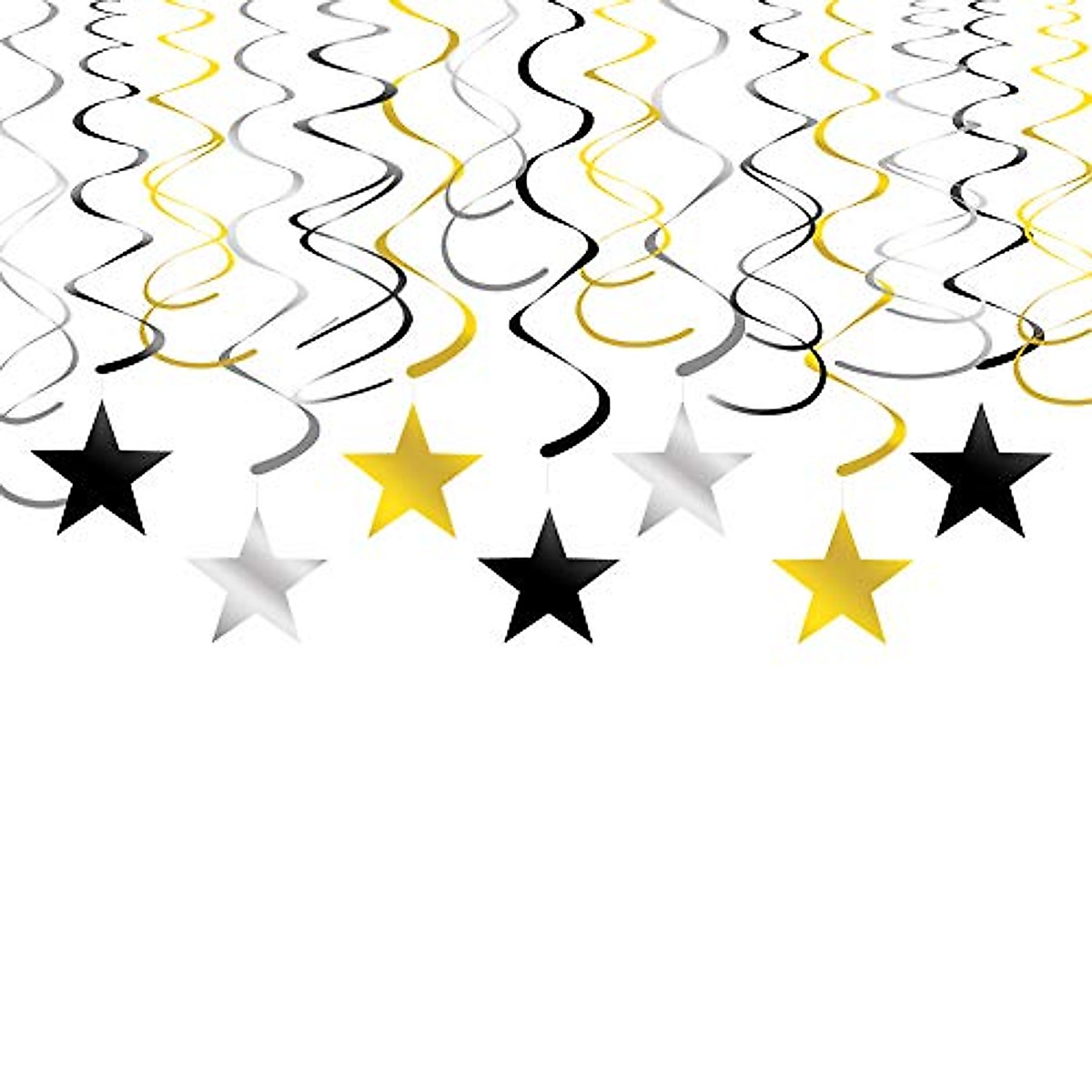 Adeer Gold Silver Black Star Hanging Swirl Decorations Stars Streamers Foil Swirls for Ceiling Decorations Graduation Party Supplies Black and Gold Party Decorations, Pack of 30