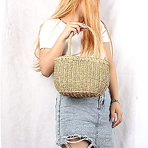 Straw Bags for Women, Hand-woven Straw Small Hobo Bag Round Handle Ring Tote Retro Summer Beach Rattan bag (Brown)