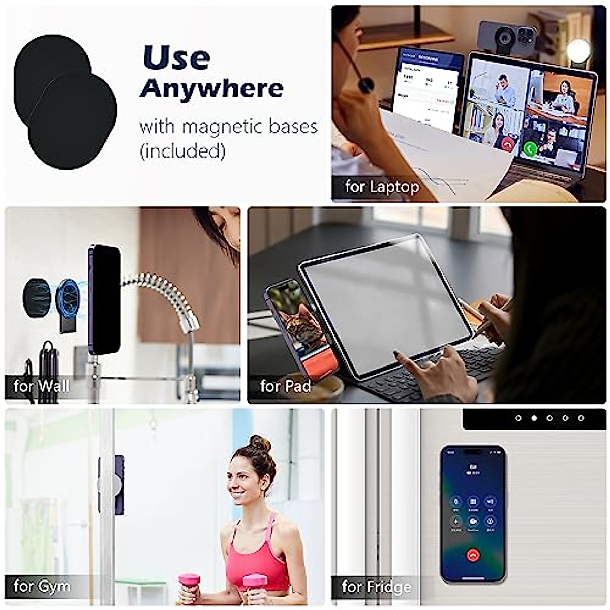 imluckies Detachable Magnetic Phone Holder for Laptop, Foldable Desktop Monitor Side Phone Mount, Adjustable Slim Portable Modular Stand for Desk/Wall, Works with MagSafe iPhone & All Phones, Black