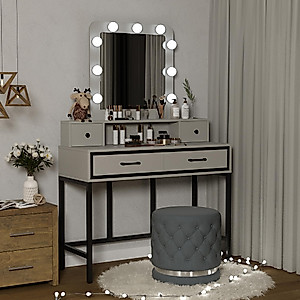 RoyalCraft Vanity with Lights, Makeup Vanity Desk with 3 Color Dimmable Lighted Hollywood Mirror, White Vanity with 4 Drawers, Large Dressing Table for Women Girls