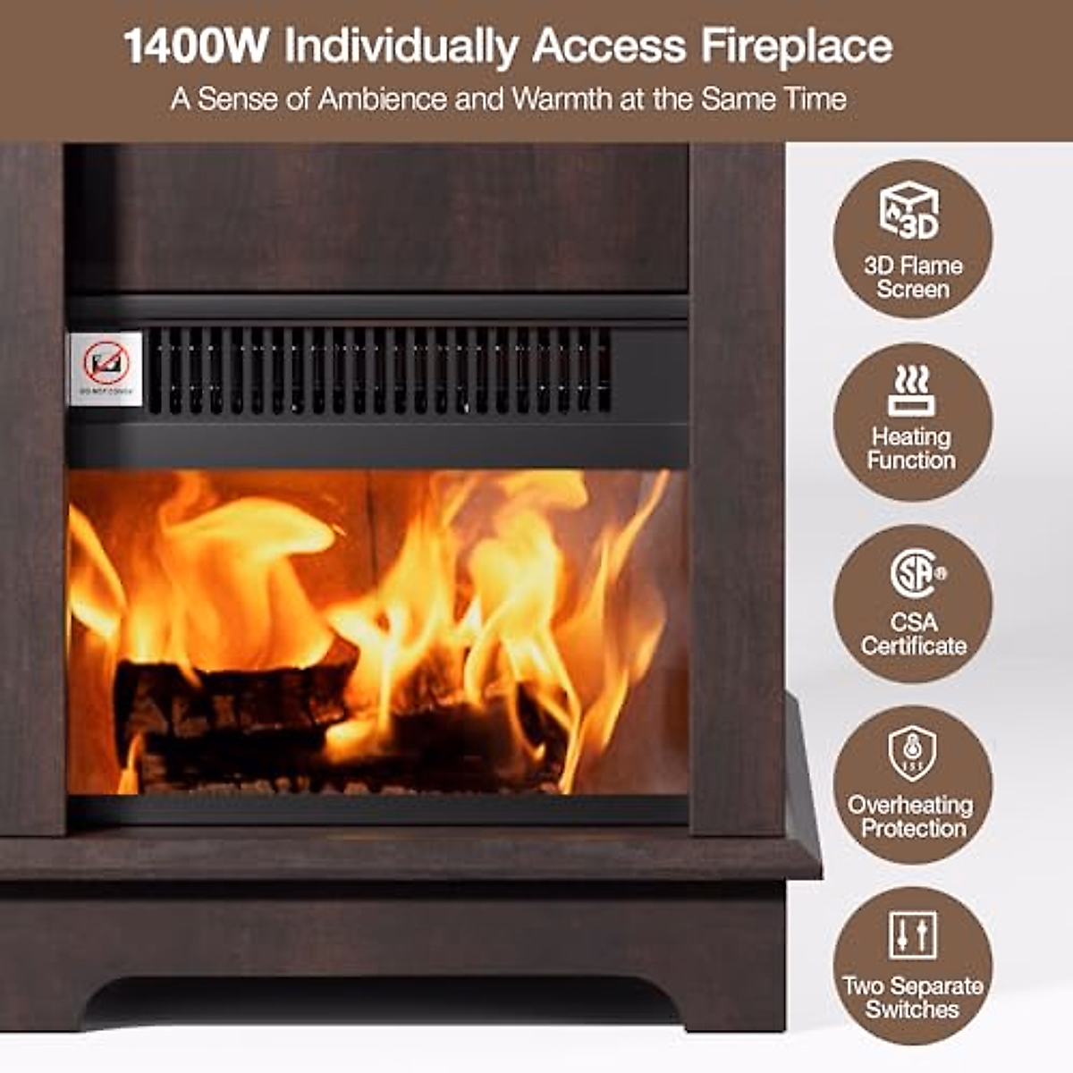 HIFYOBRO End Table with Fast Charging Station, Side Table on Wheels, Storage End Table with Electric Fireplace, Suitable for Living Room Bedroom (Espresso)