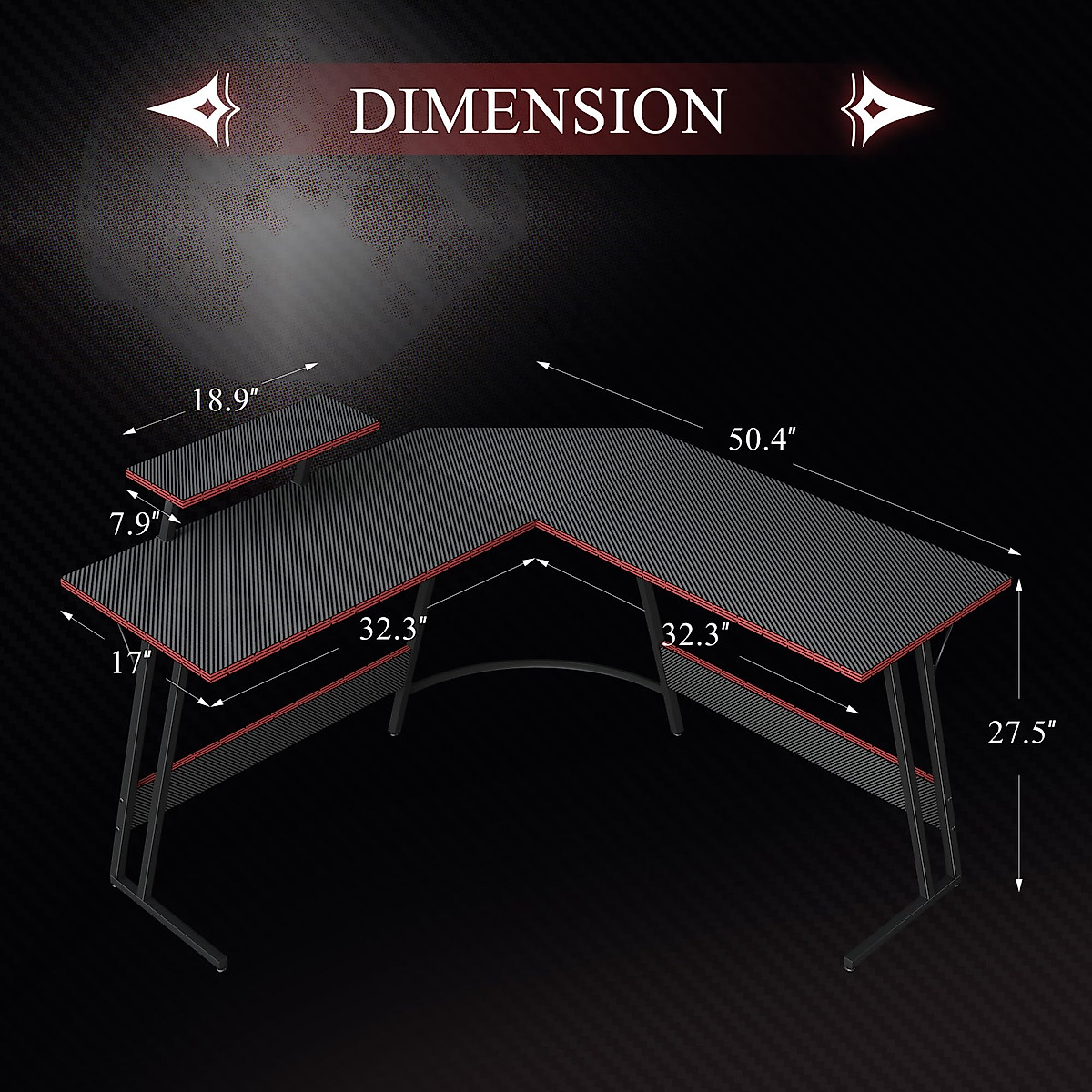 Shahoo L Shaped Gaming Desk, 51 Inch Computer Corner Table with Large Monitor Stand & Carbon Fiber Surface for Home Office Study Writing Workstation, Black, Black1