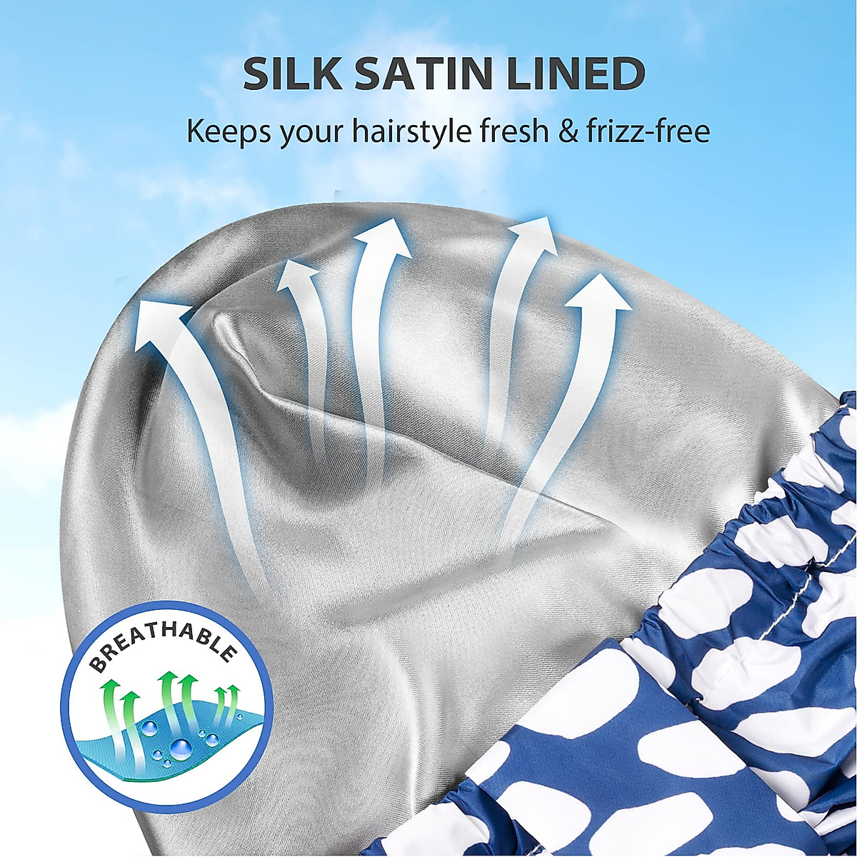 INNELO Luxury Shower Cap for Women Reusable Waterproof, Double Layered Shower Hair Cap with Adjustable Elastic Strap, Large Satin Lined Shower Bath Cap for Long Curly Straight Hair, Blue